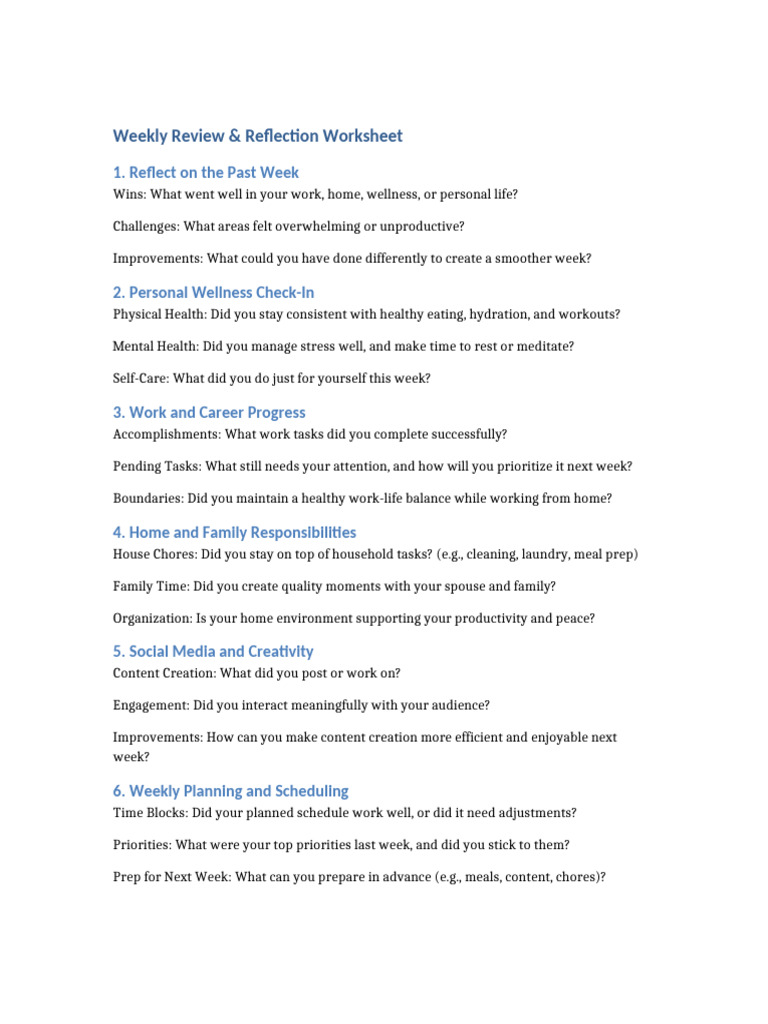 Weekly Review and Reflection Worksheet | PDF