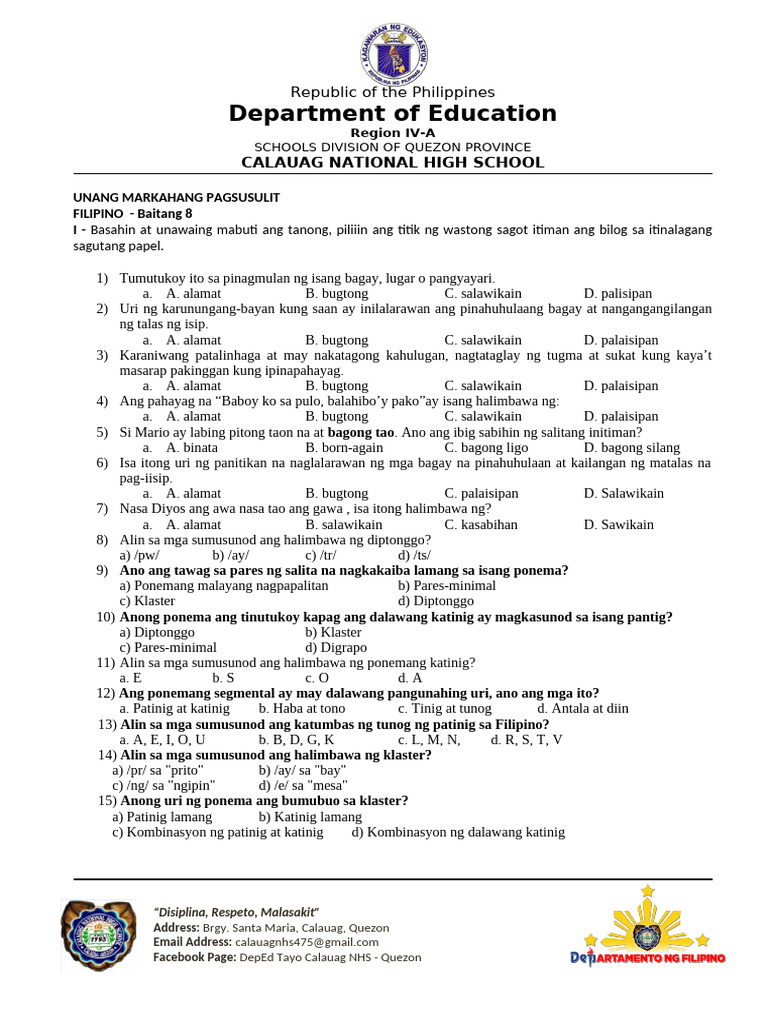 Filipino 8 Unang Markahang Pagsusulit | PDF