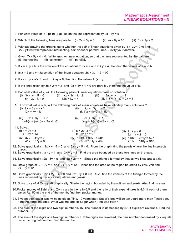 Linear Eqns - X 2023-24-1 | PDF