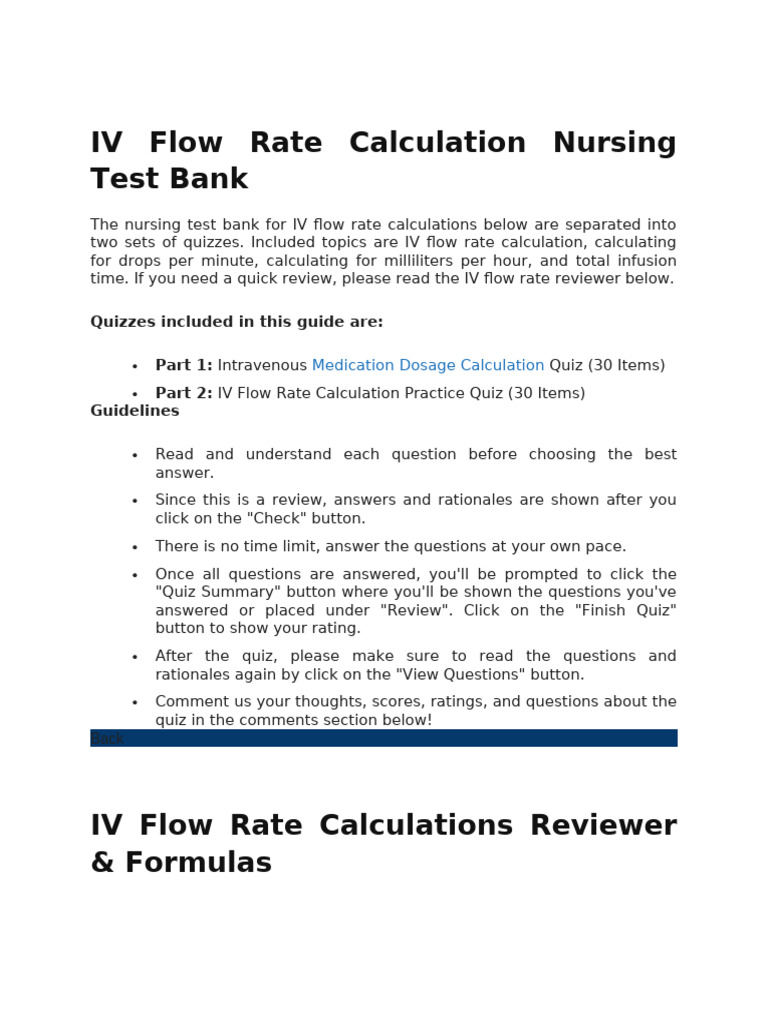 Reviewer and Practice Questions Quiz For IV Flow Rate Calculations and Formula | PDF ...