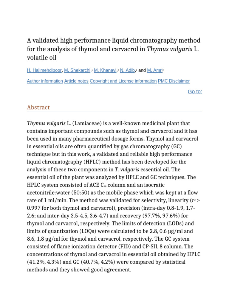 A validated high performance liquid chromatography method for the analysis of thymol and ...