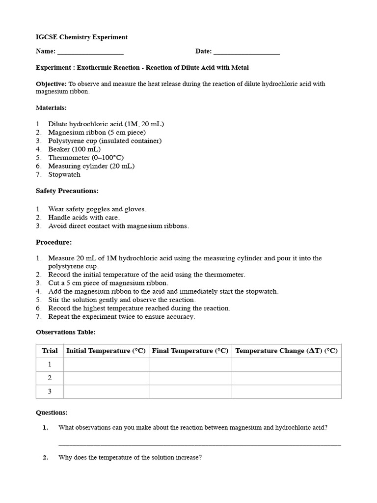 Exothermic Reaction: Acid and Metal Experiment | PDF | Magnesium ...