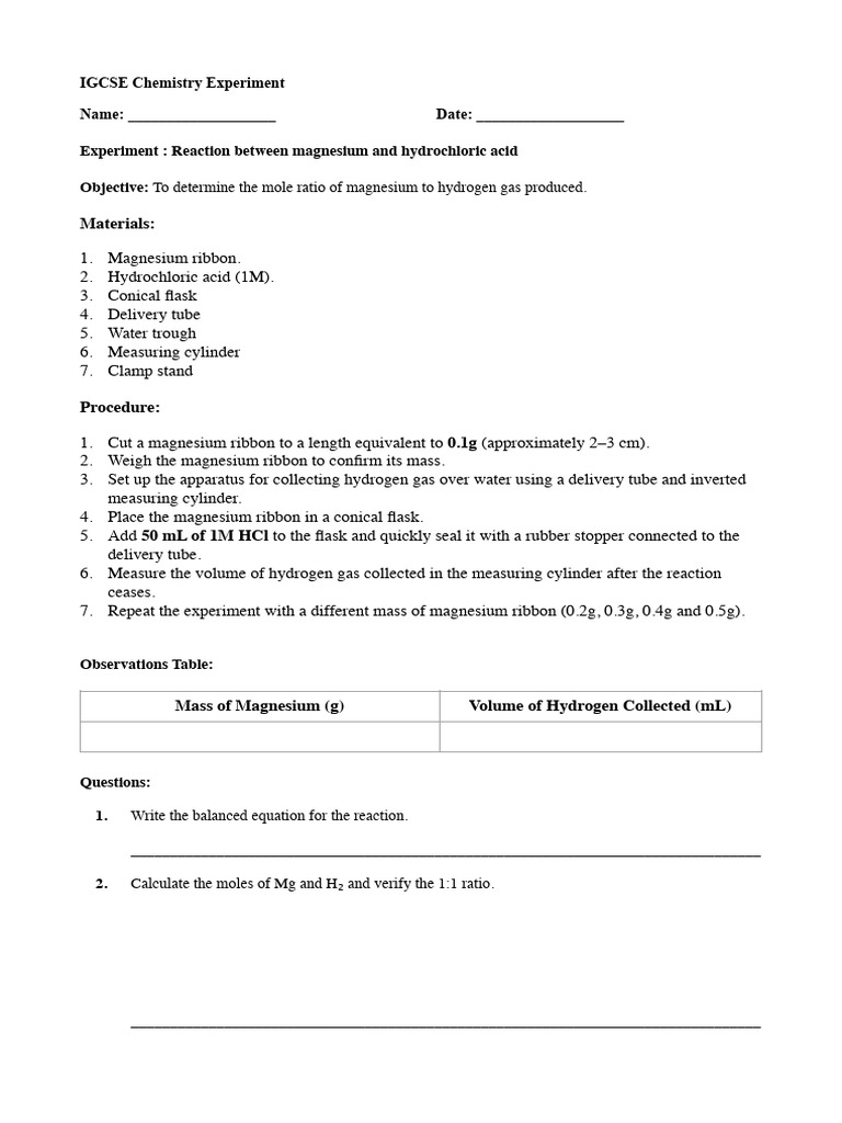 Reaction Between Magnesium and Hydrochloric Acid CHM240 | PDF ...