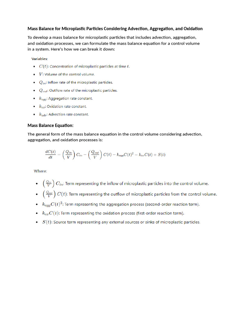Microplastic Mass Balance: Advection & Oxidation | PDF