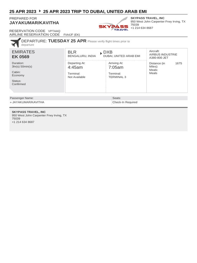 Travel Reservation April 25 for KAVITHA JAYAKUMAR | PDF