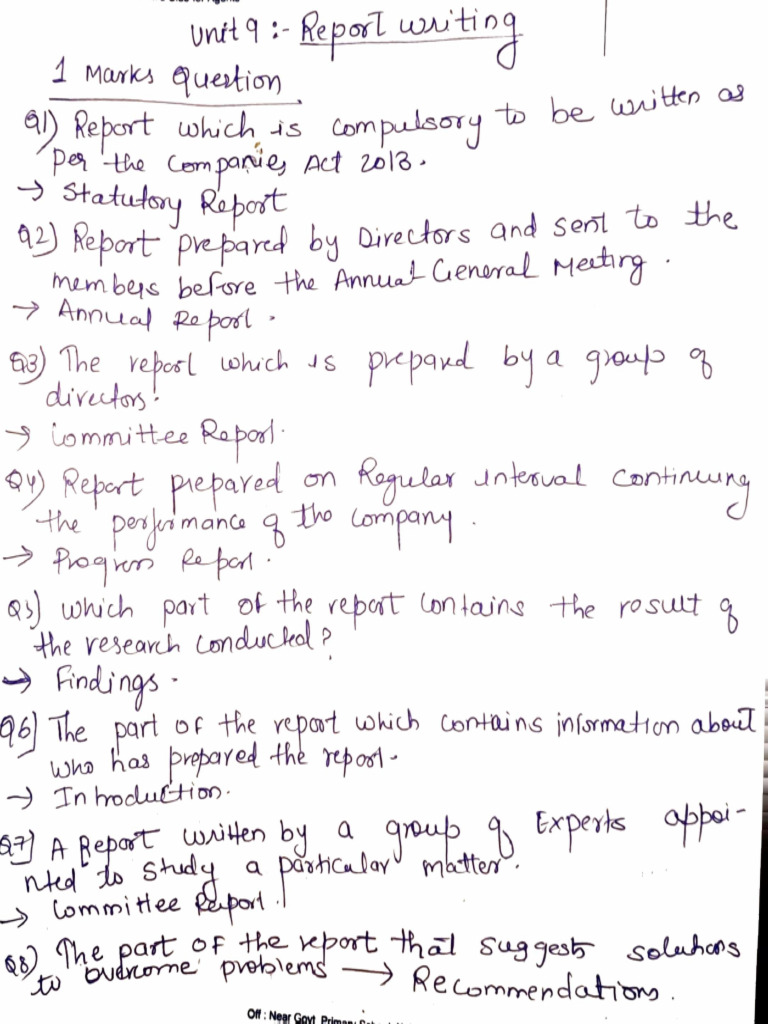 Unit 9 Report Writing Key Questions Bank | PDF