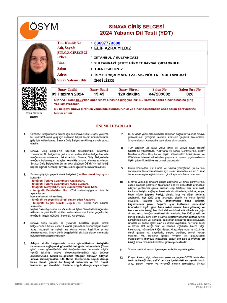 Sınava Giriş Belgesi YDT | PDF