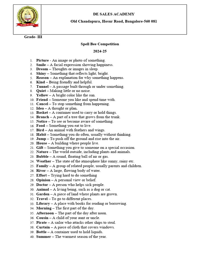 Grade 3 Spell Bee Word List 2024-25 | PDF