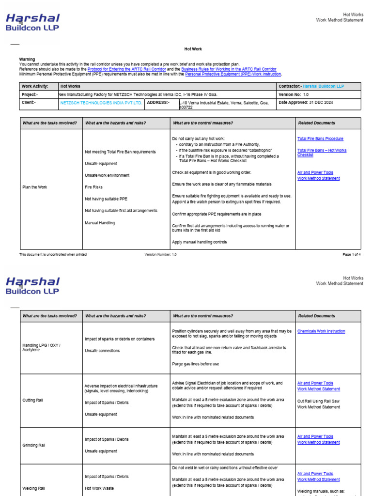 Hot Work Method Statement | PDF | Personal Protective Equipment | Welding