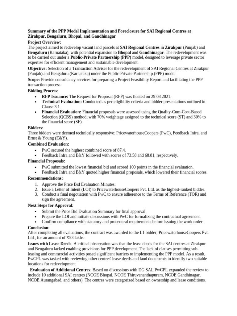 PPP Model for SAI Centre Redevelopment | PDF | Public–Private ...