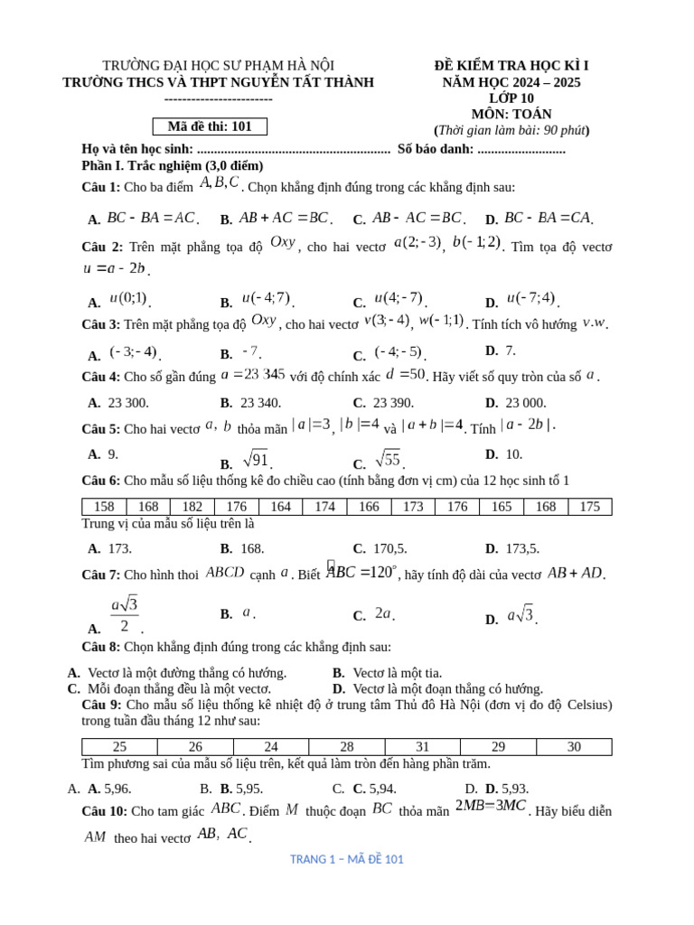 De Dap an HK-I 10 1 | PDF