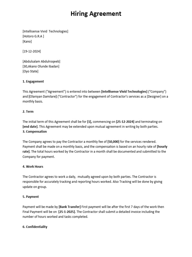 Hiring Agreement | PDF