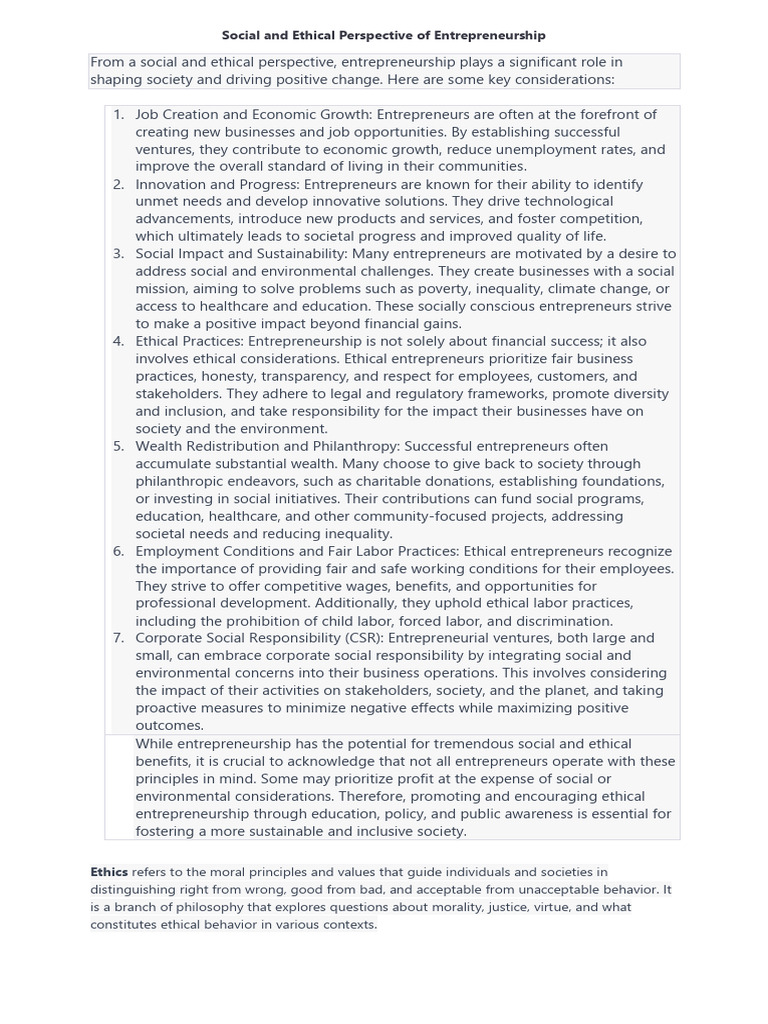 Social and Ethical Aspects of Entrepreneurship | PDF | Entrepreneurship ...