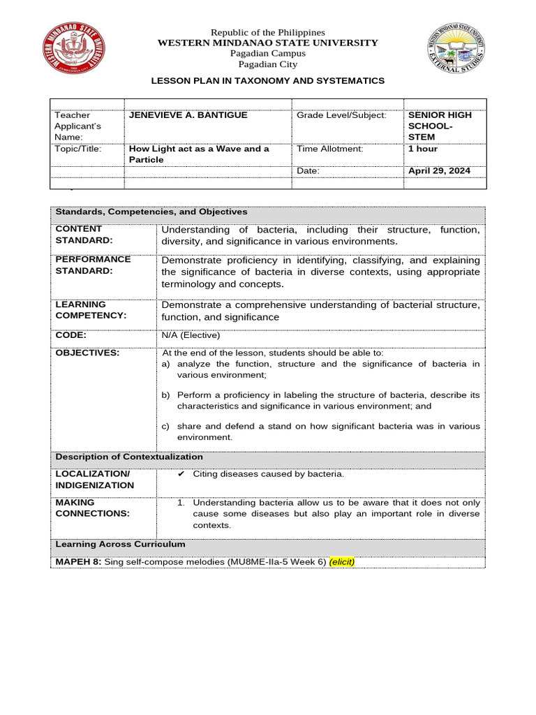Panes Lesson Plan in Taxonomy and Systematics | PDF | Bacteria | Prokaryote