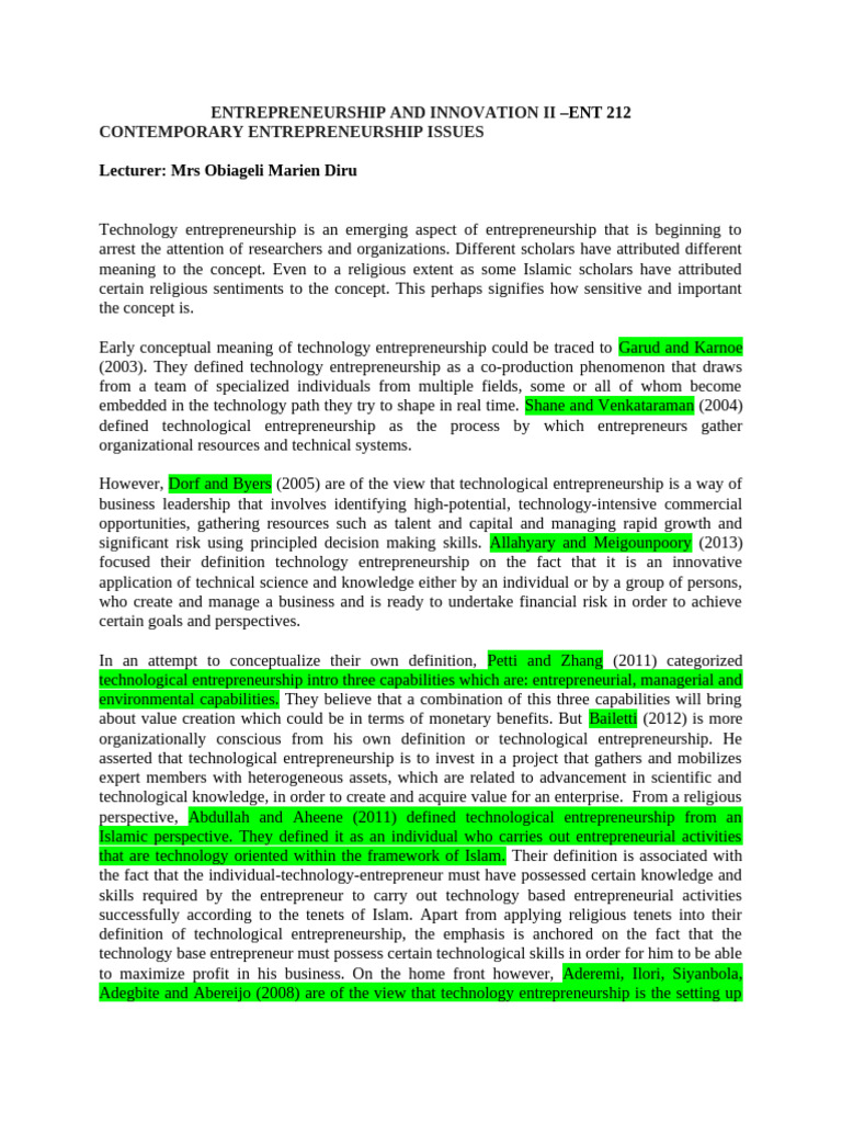 Technology in Entrepreneurship | PDF | Entrepreneurship | Innovation