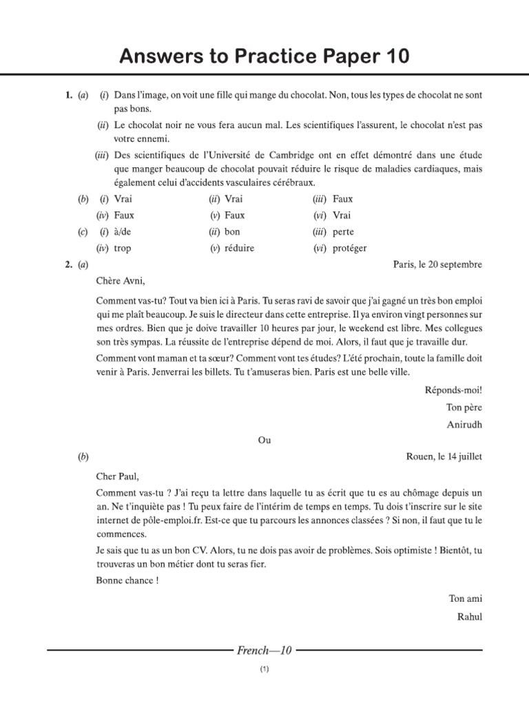 Cbse Cl10 Together With French Answers To Practice Paper 10 | PDF