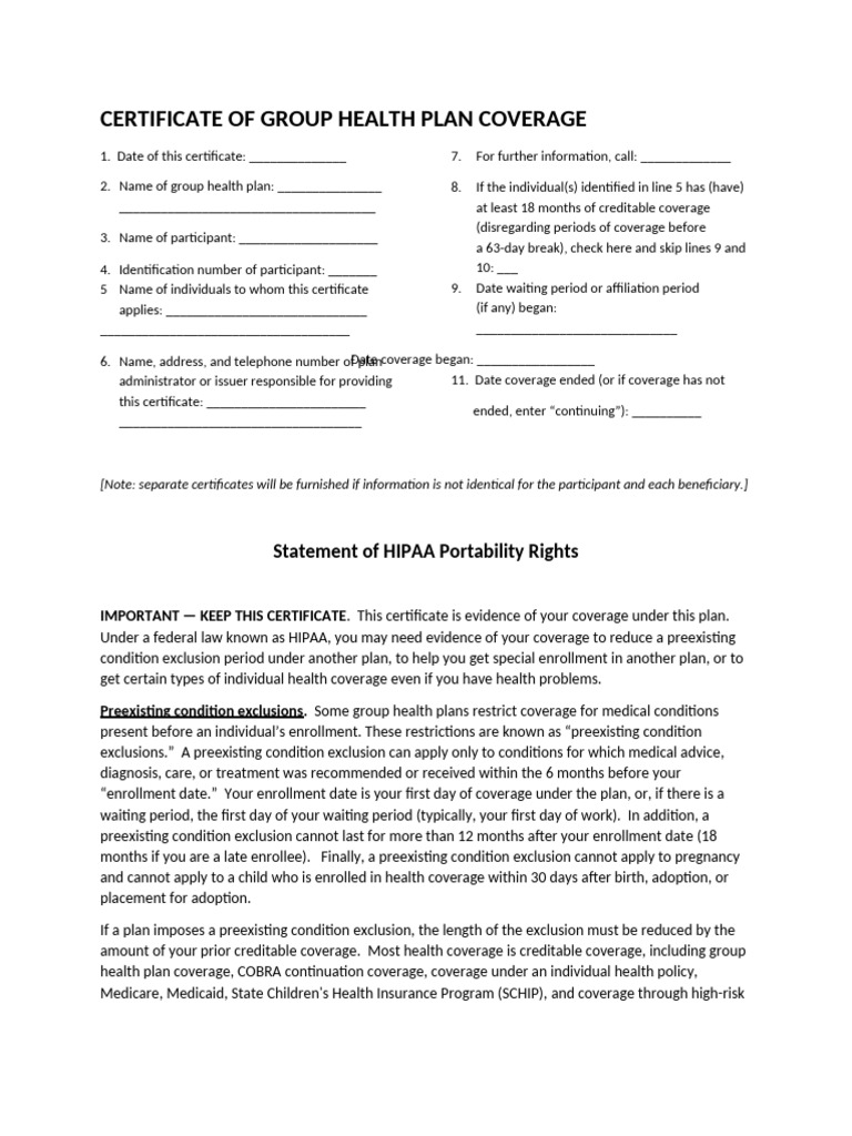 Certificate of Group Health Plan Coverage Template | PDF | Health ...