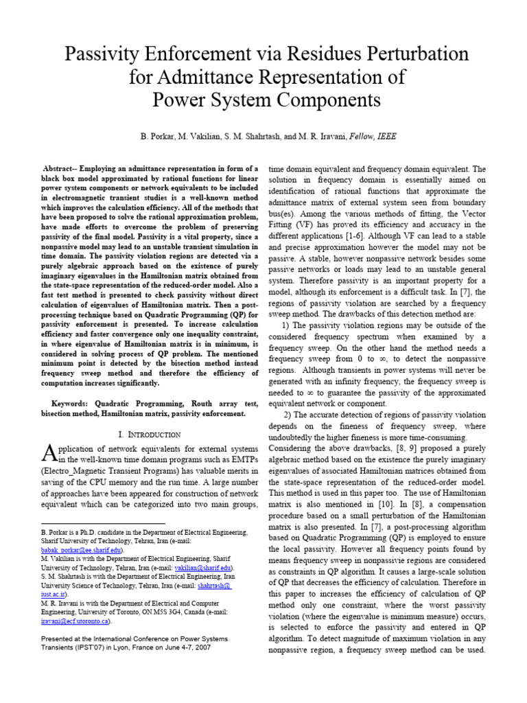 Passivity Enforcement in Power Systems | PDF | Eigenvalues And Eigenvectors | Matrix (Mathematics)