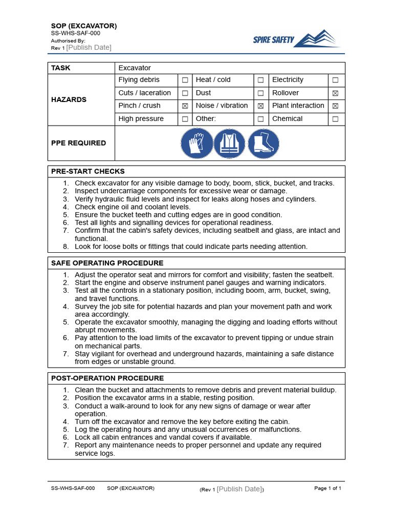 SS WHS SAF 000 Safe Operating Procedure Excavator | PDF | Seat Belt
