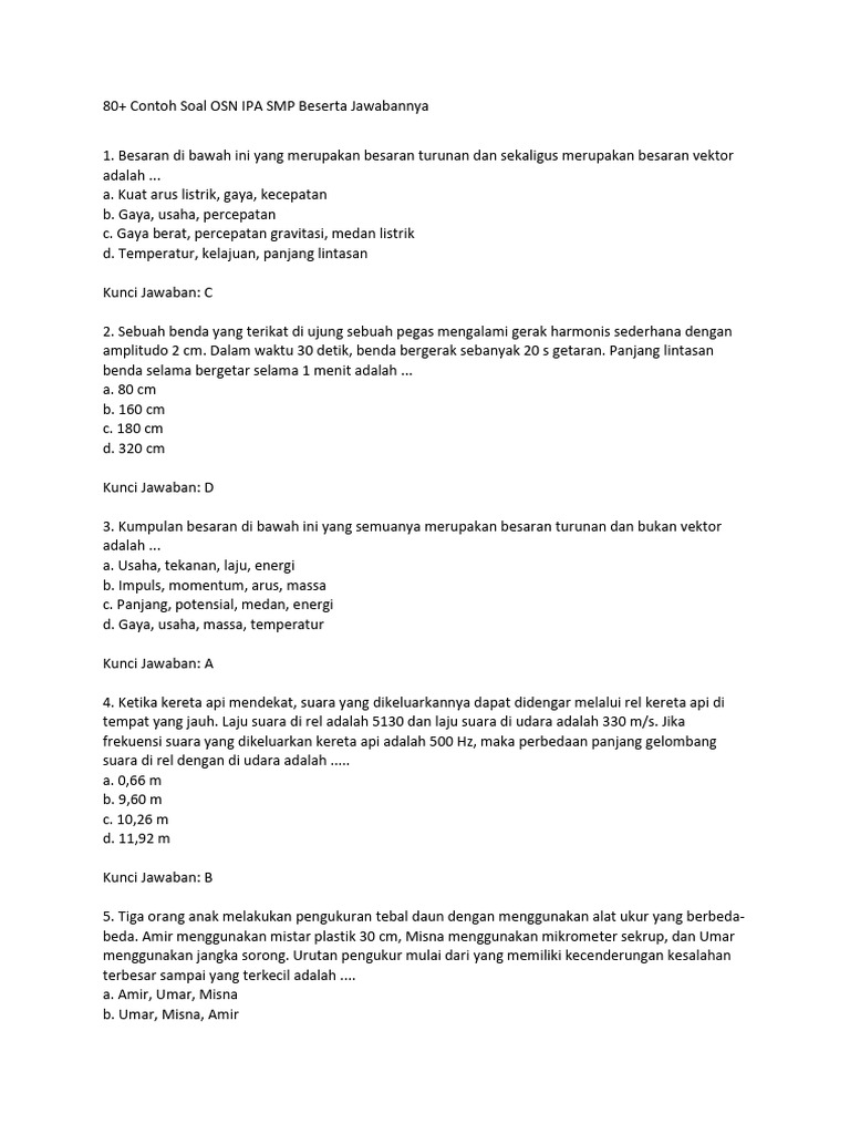 80+ Contoh Soal OSN IPA SMP Beserta Jawabannya | PDF