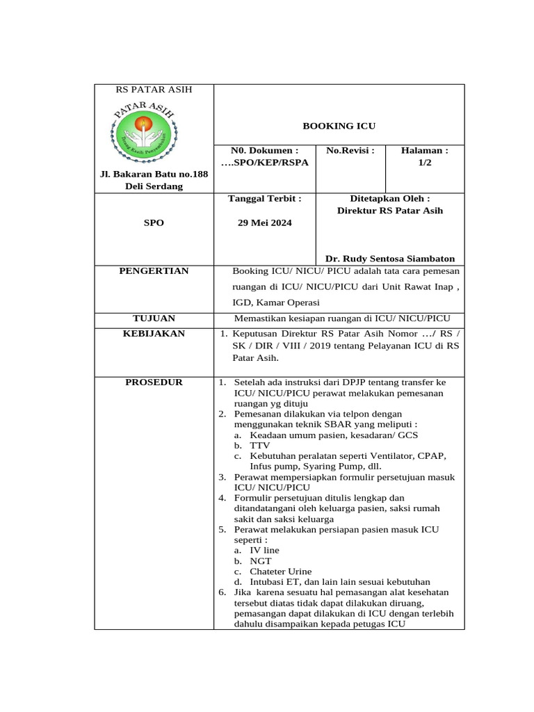 spo Booking Ruang ICU | PDF