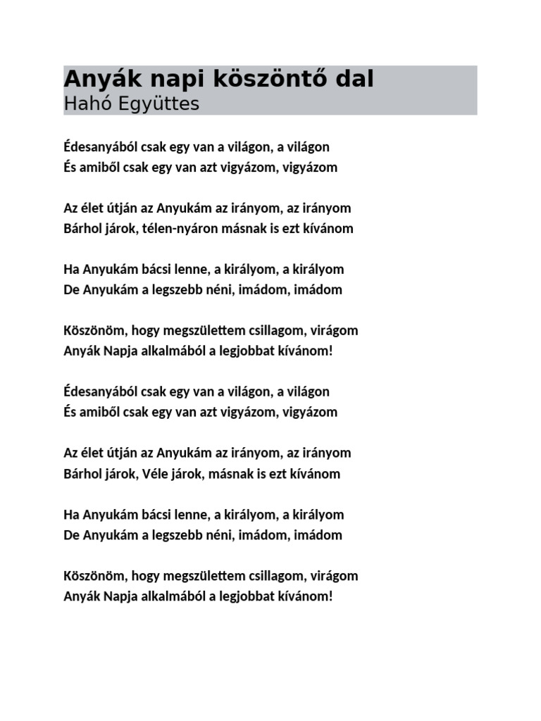 Anyák Napi Köszöntő Dal | PDF