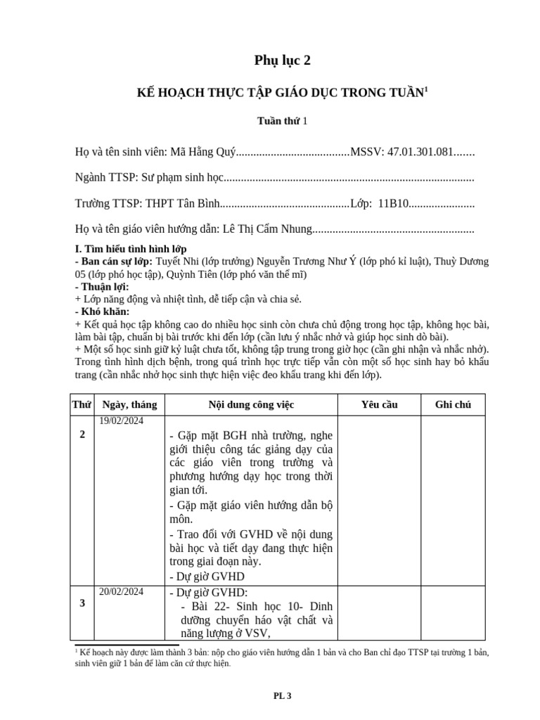 Phu luc 2_KeHoachThucTapGiaoDuc_Tuan | PDF