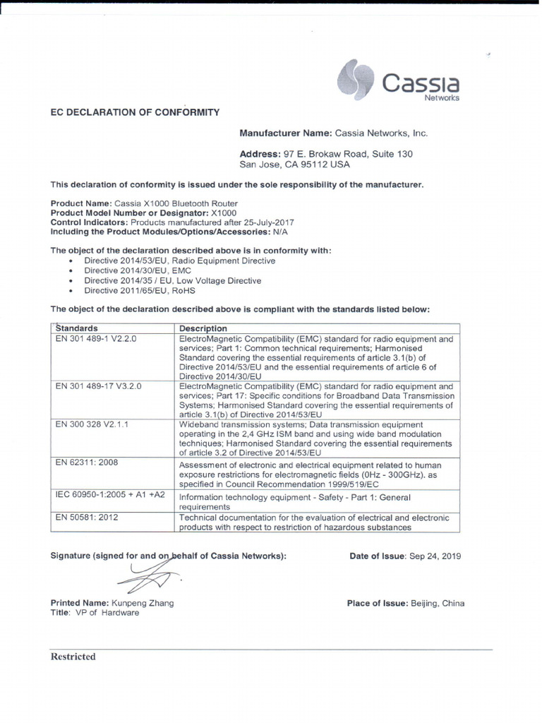 EC Declaration of Conformity X1000 09242019 | PDF