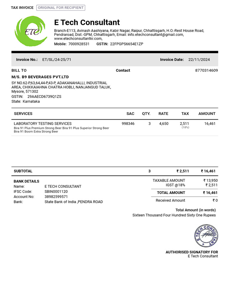Invoice for B9 Beverages | PDF