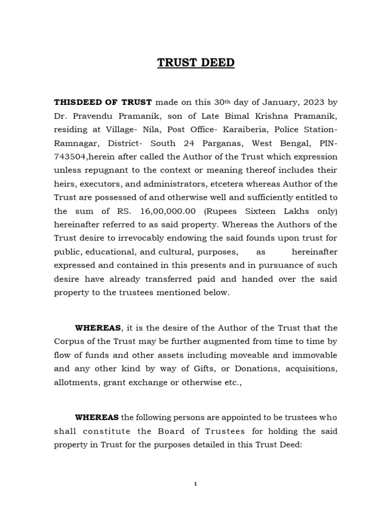 TRUST DEED - Dr. Pravendu Pramanick | PDF | Expense | Board Of Directors