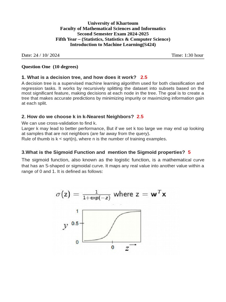 Machine Learning Exam Questions 2024 | PDF