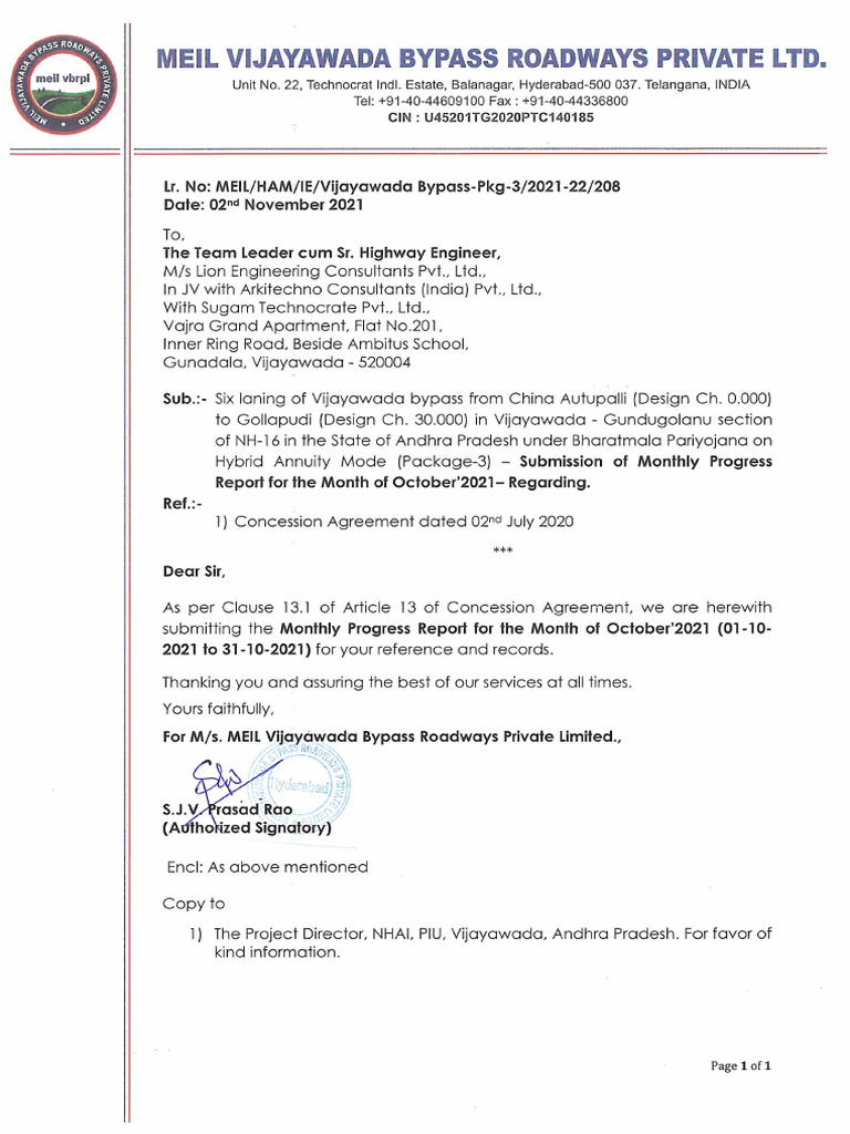 Letter 208 - Submission of Monthly Progress Report for the Month of ...