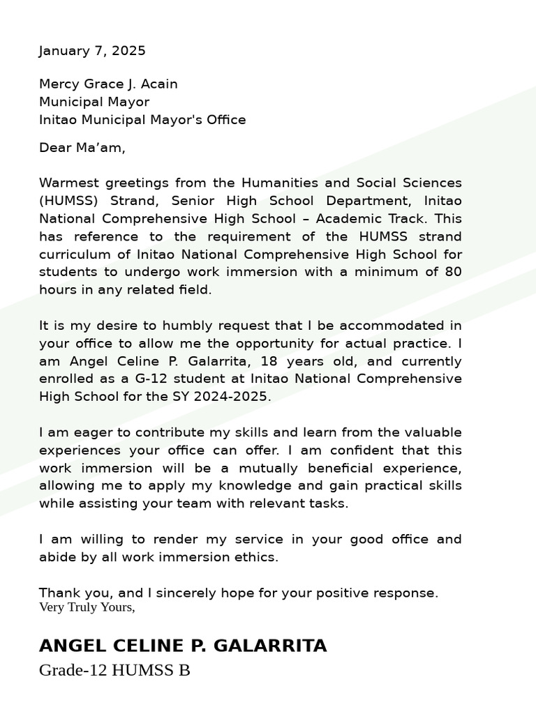 Application Letter For Work Immersion | PDF