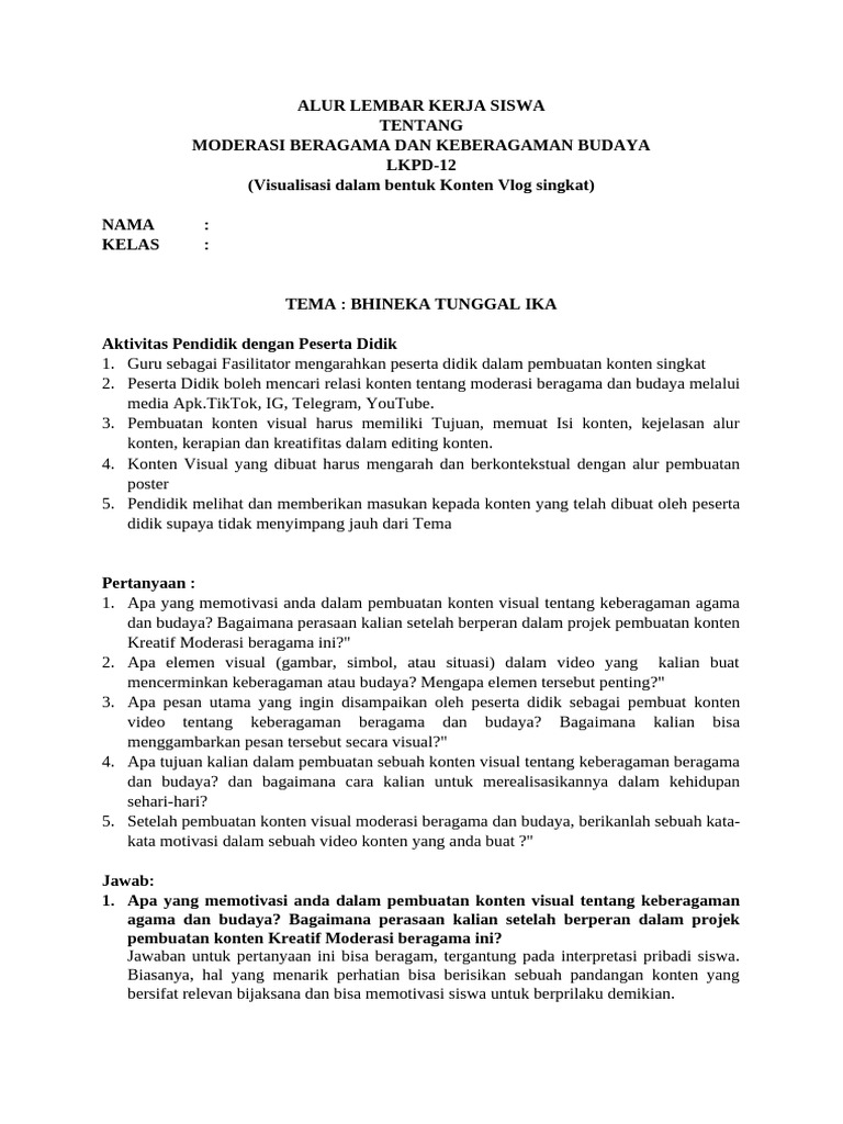 LKPD BHINNEKA TUNGGAL IKA HARI Kamis | PDF