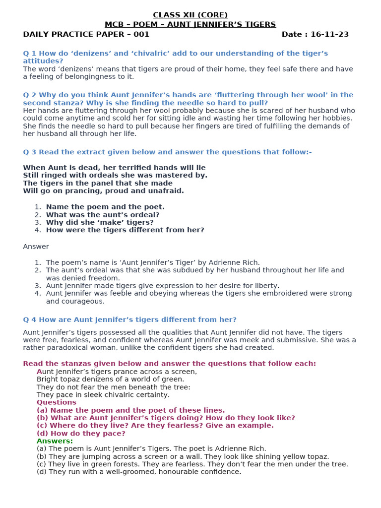Aunt Jennifer's Tigers: Analysis & Insights | PDF