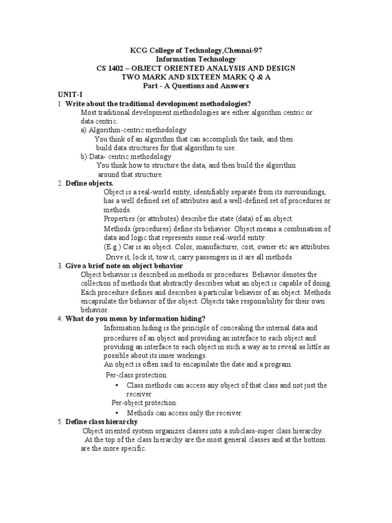 Cs1402 Ooad 2 Marks | PDF | Computers | Technology & Engineering