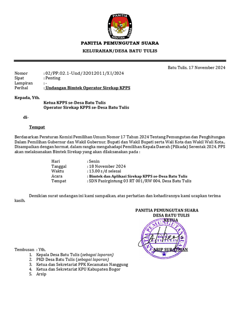 Surat Undangan Operator Bimtek Sirekap KPPS 2024 | PDF