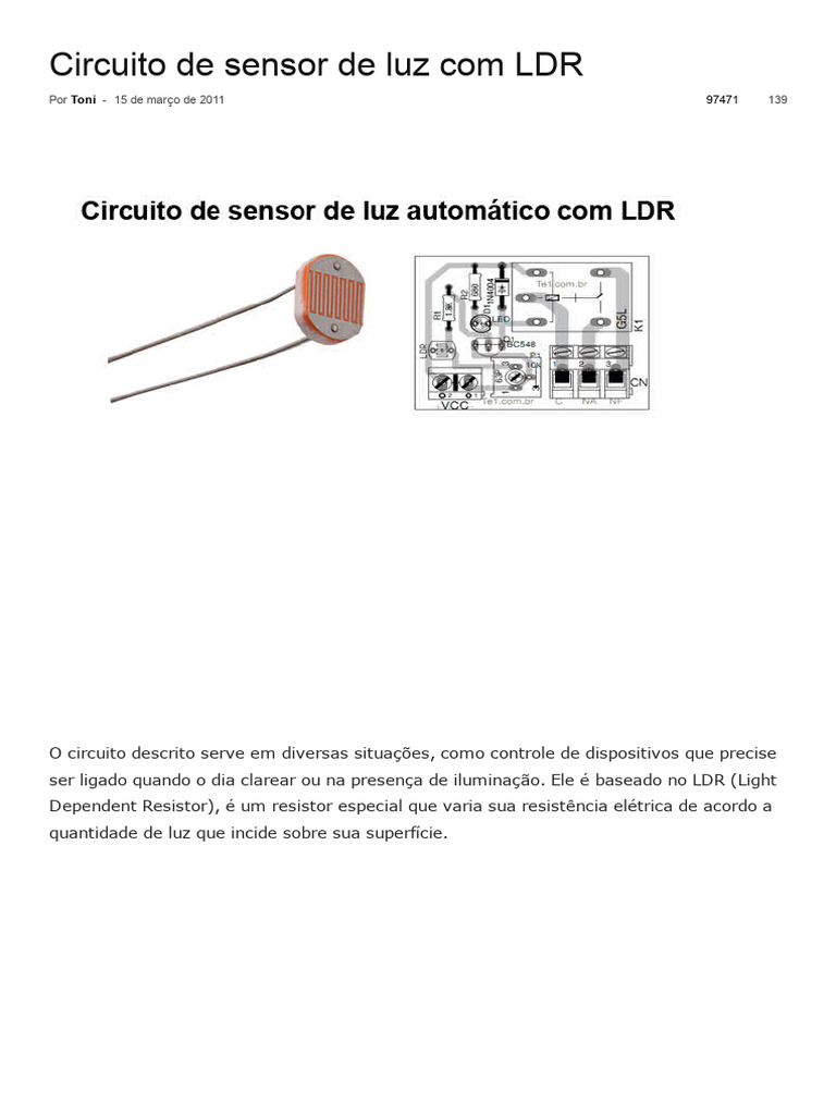 Circuito de Sensor de Luz Com LDR - Te1 | PDF