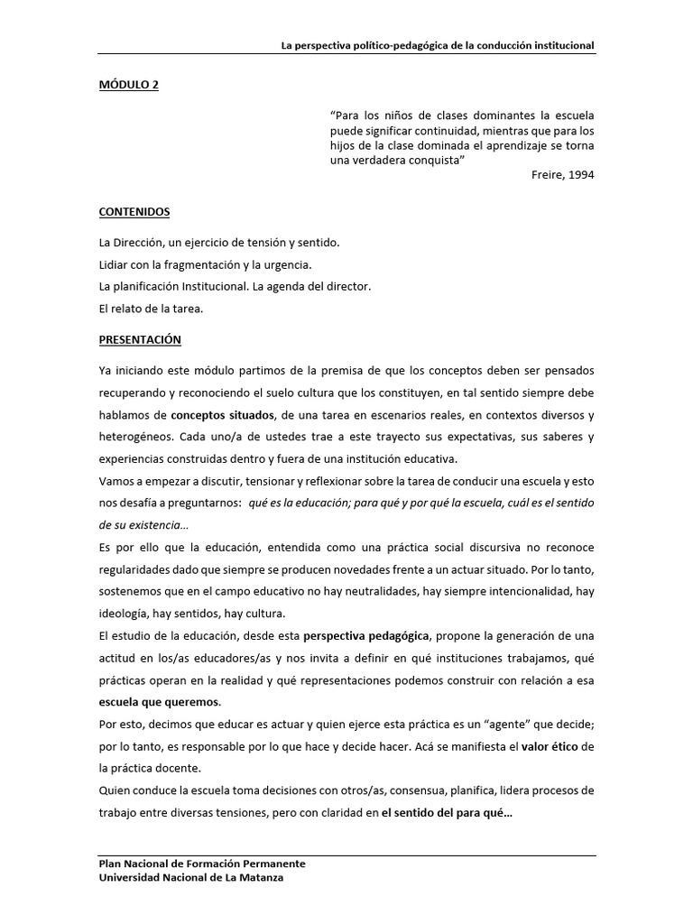 MO DULO 2 La Perspectiva Politico Pedagogica de La Conduccio N Institucional | PDF | Pedagogía ...