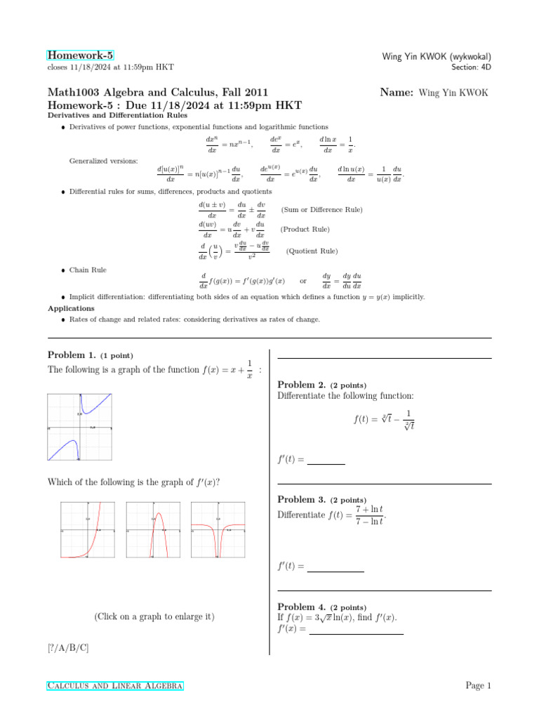 MATH 1003 hw 5 | PDF | Derivative | Function (Mathematics)