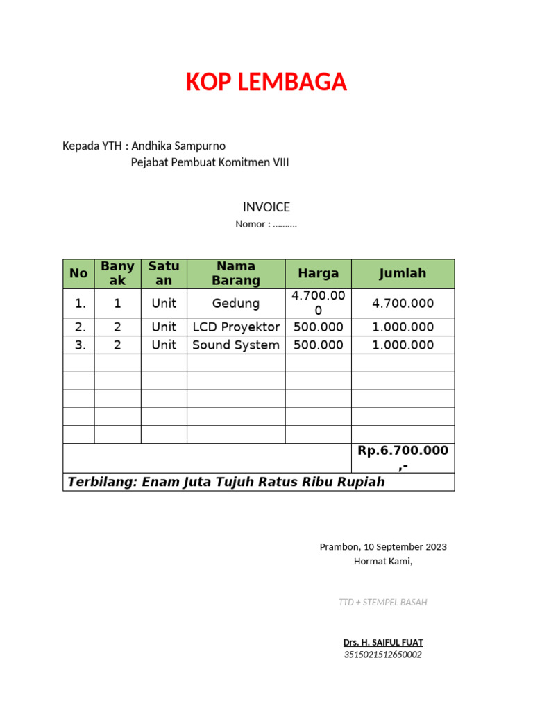 Nota + Kuitansi Gedung | PDF