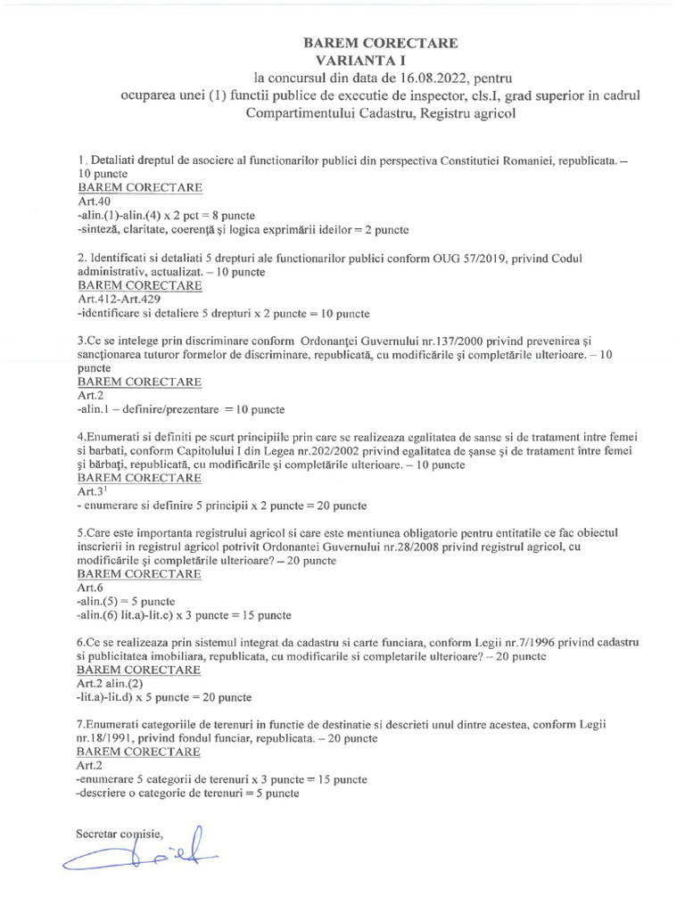 Barem Corectare La Varianta Extrasa La Concursul Din Data de 16.08.2022 | PDF