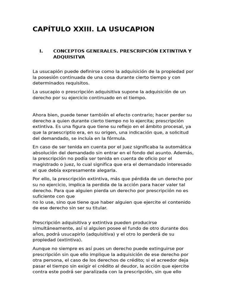 Capítulo Xxiii. La Usucapion: I. Conceptos Generales. Prescripción Extintiva Y Adquisitva | PDF ...