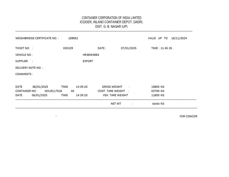 Weighment Copy SKIU9117016 | PDF