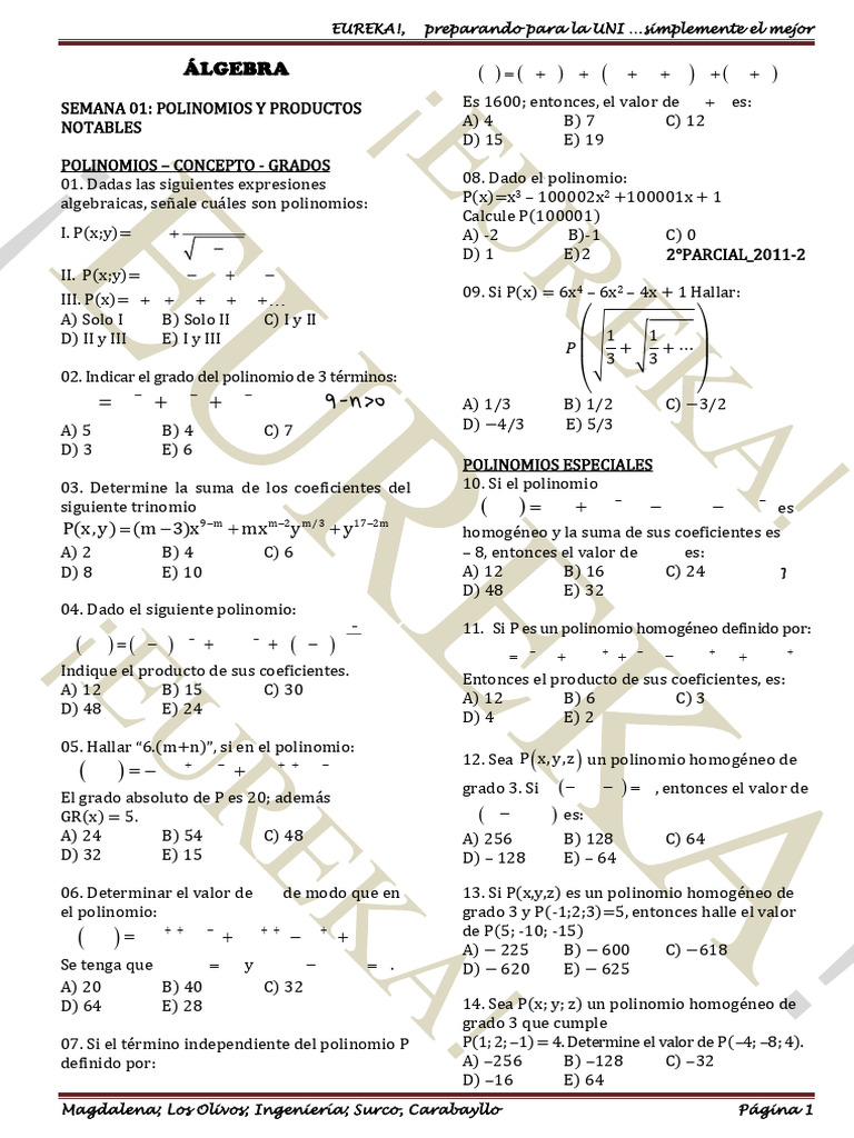 Practica Polinomios -Eureka | PDF | Análisis matemático | Ciencia ...