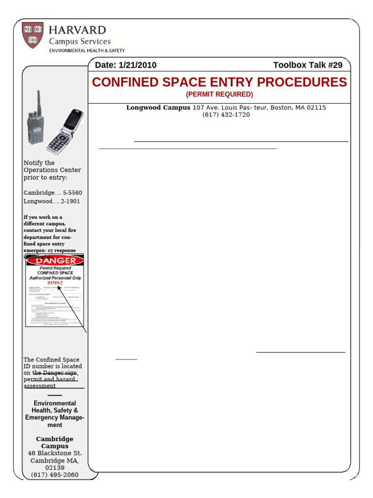 Toolbox Talk Confined Space Entry Proceedures | PDF | Hazards | Labor Relations