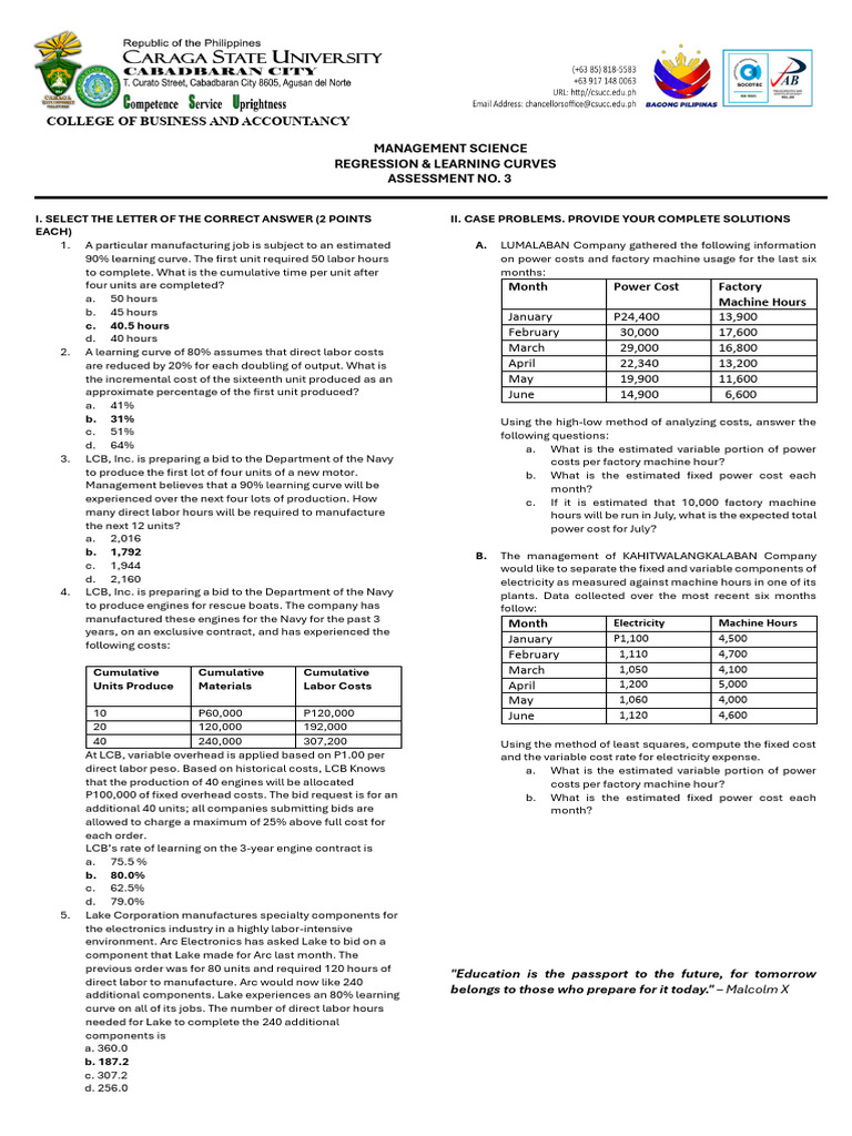 Assessment No. 3 Regression To Learning Curves ANSWER KEY | PDF ...