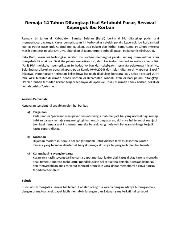 Remaja 14 Tahun Ditangkap Usai Setubuhi Pacar | PDF