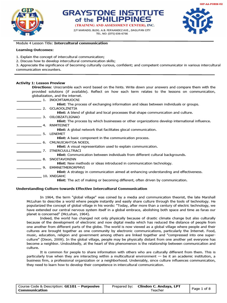 MODULE 4 PRELIM- PURCOM | PDF | Cultural Assimilation | Communication
