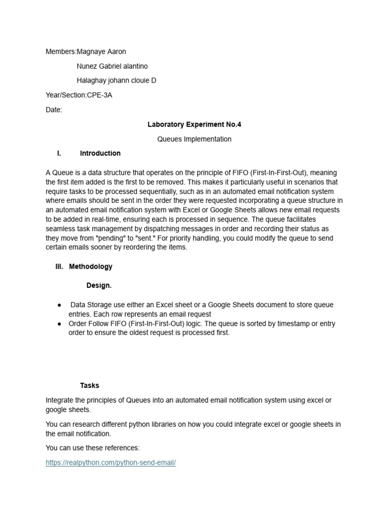 Laboratory Experiment 4 Queues | PDF